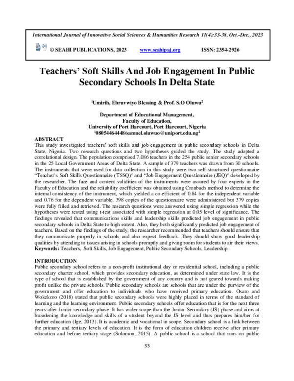 (PDF) Teachers' Soft Skills And Job Engagement In Public Secondary Schools In Delta State