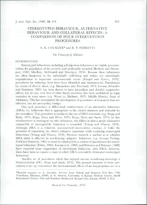 (PDF) Stereotyped Behaviour, Alternative Behaviour and Collateral Effects: A Comparison of Four ...