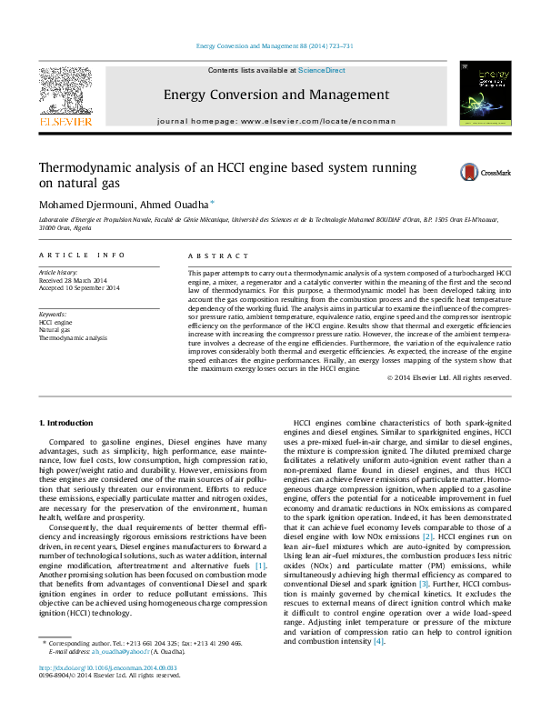 (PDF) Thermodynamic analysis of an HCCI engine based system running on natural gas | Ahmed ...