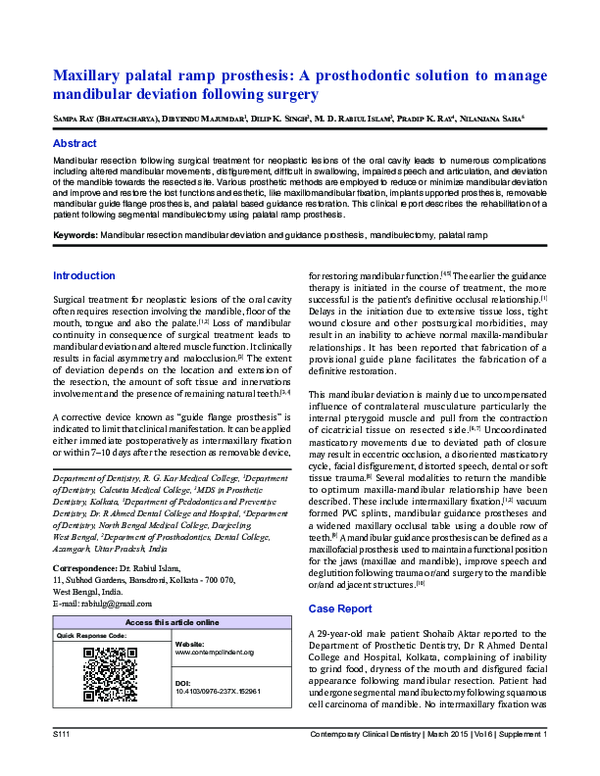 (PDF) Maxillary palatal ramp prosthesis: A prosthodontic solution to ...
