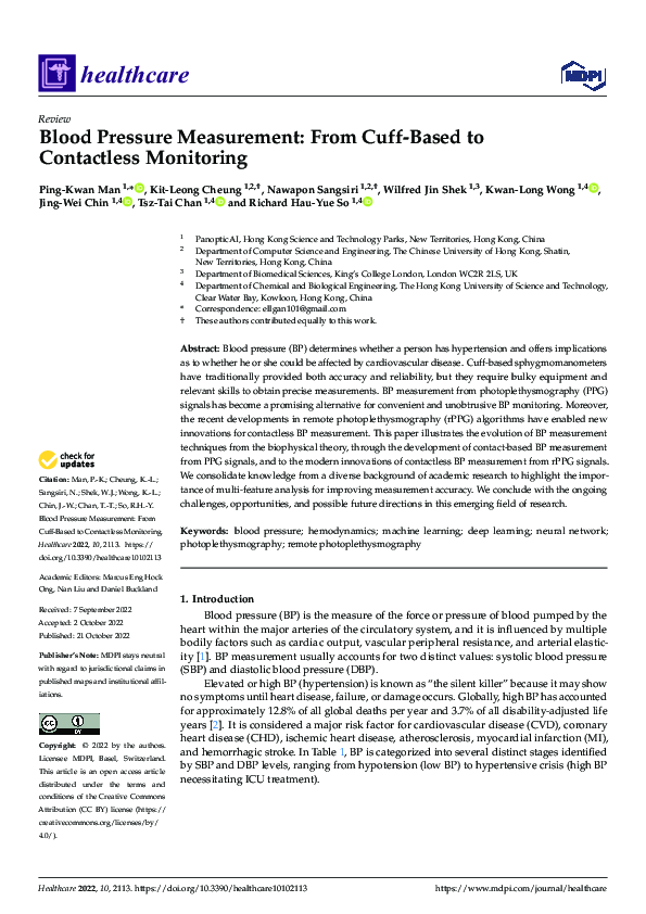 (PDF) Blood Pressure Measurement: From Cuff-Based to Contactless Monitoring
