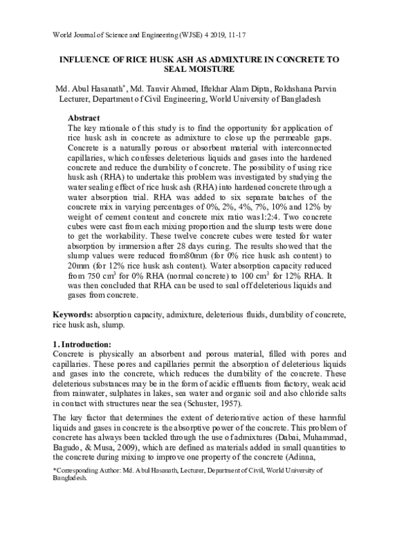 (PDF) INFLUENCE OF RICE HUSK ASH AS ADMIXTURE IN CONCRETE TO SEAL MOISTURE