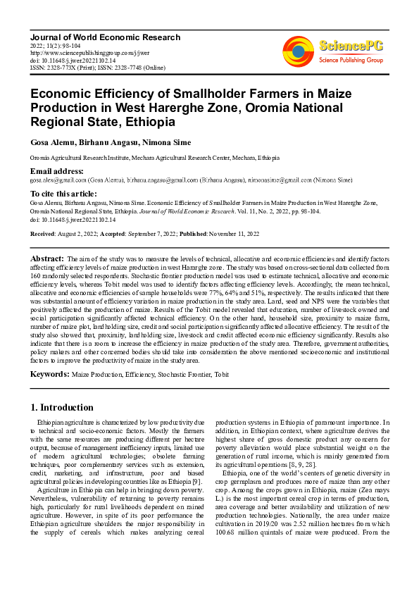(PDF) Economic Efficiency of Smallholder Farmers in Maize Production in West Harerghe Zone ...