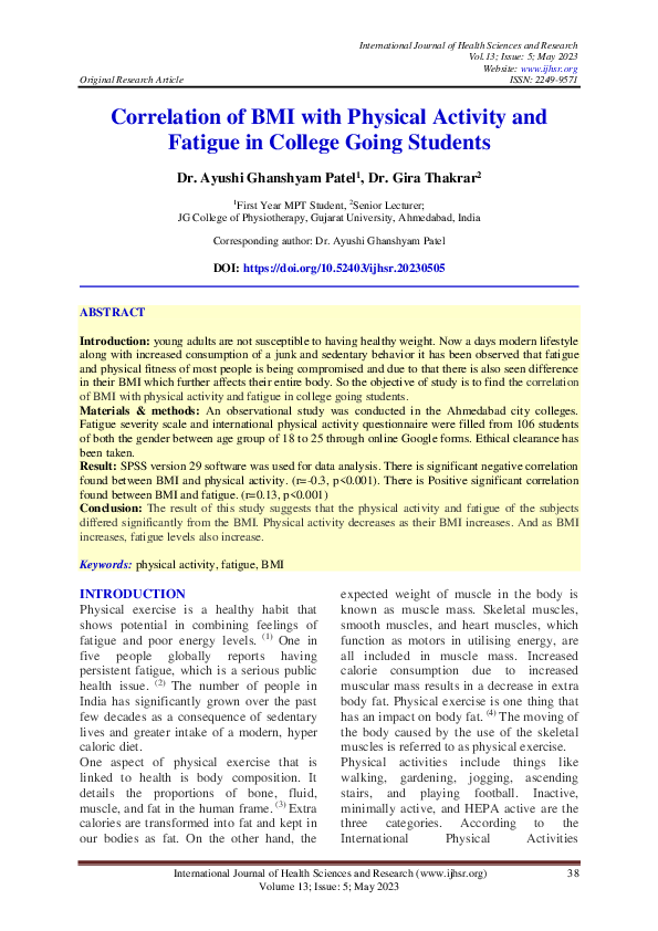 (PDF) Correlation of BMI with Physical Activity and Fatigue in College Going Students