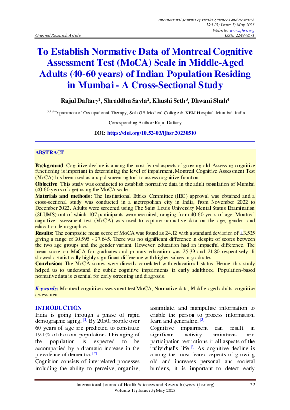 (PDF) To Establish Normative Data of Montreal Cognitive Assessment Test ...