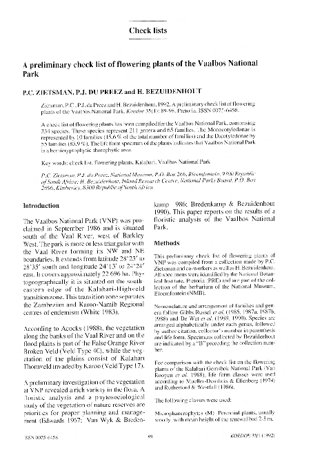 (PDF) A preliminary check list of flowering plants of the Vaalbos ...