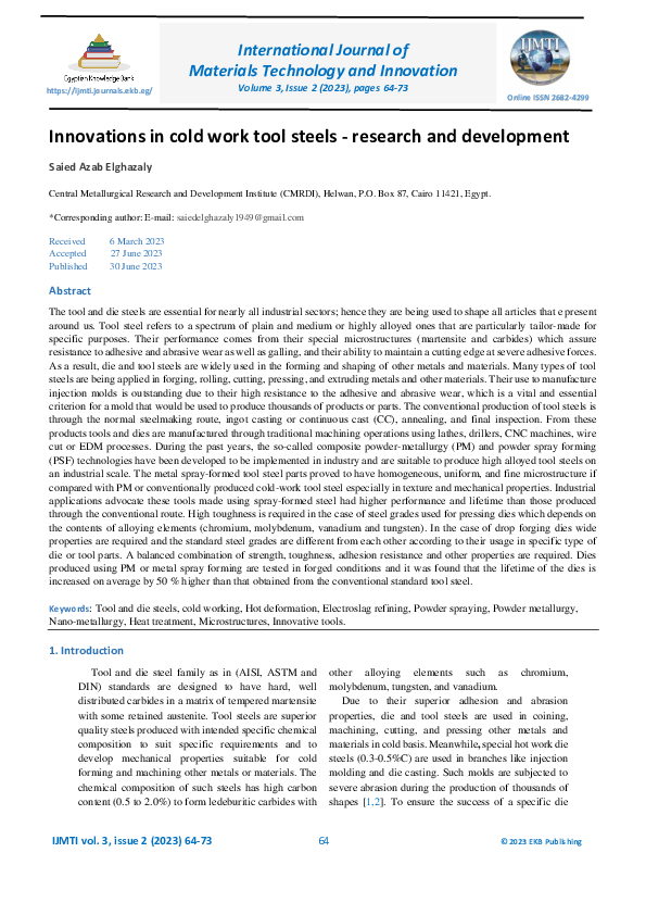 (PDF) Innovations in Cold Work Tool Steels- Research and Development