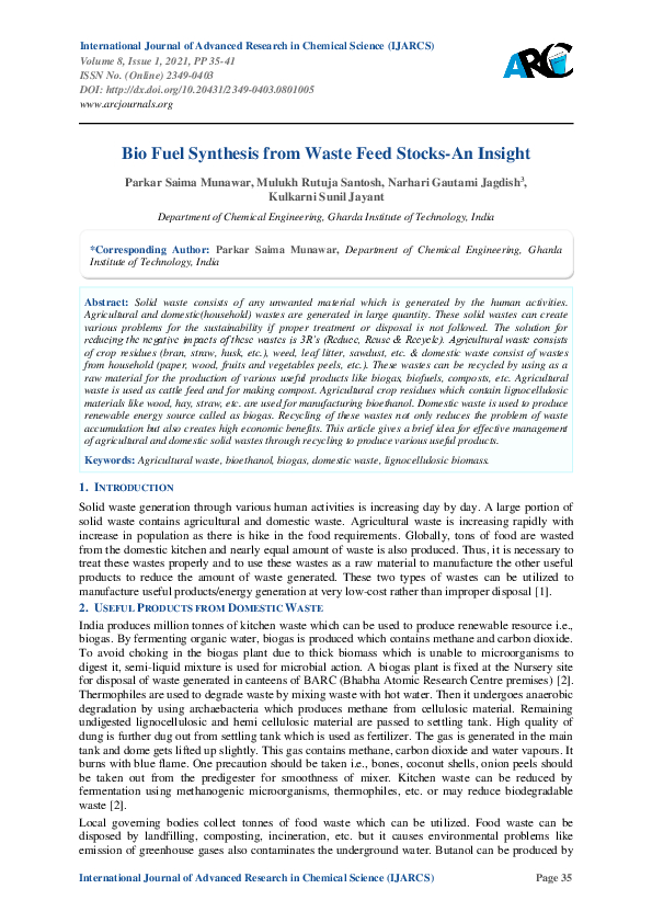 (PDF) Bio Fuel Synthesis from Waste Feed Stocks-An Insight