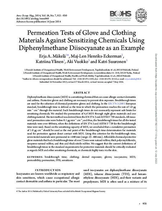 (PDF) Permeation tests of glove and clothing materials against ...