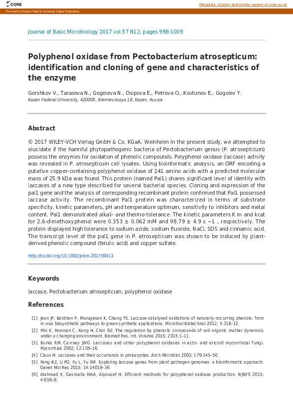 (PDF) Polyphenol oxidase from Pectobacterium atrosepticum ...