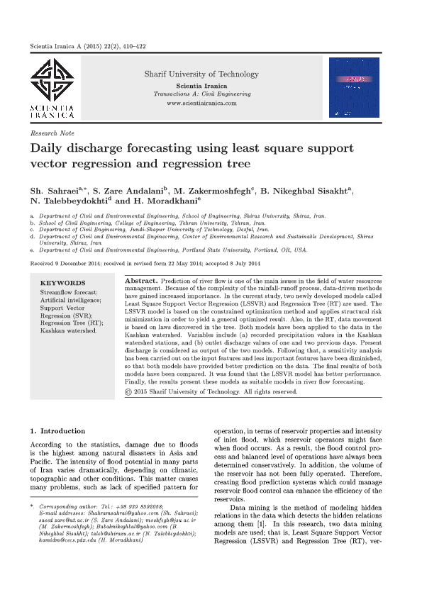 Pdf Daily Discharge Forecasting Using Least Square Support Vector Regression And Regression Tree