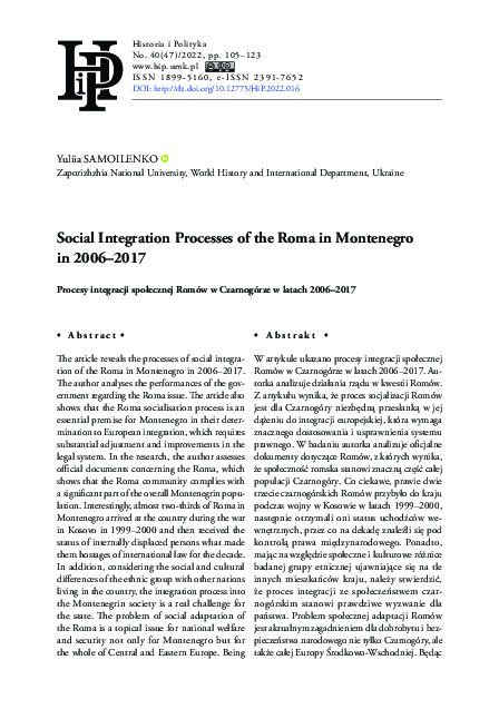 (PDF) Social Integration Processes of the Roma in Montenegro in 2006–2017
