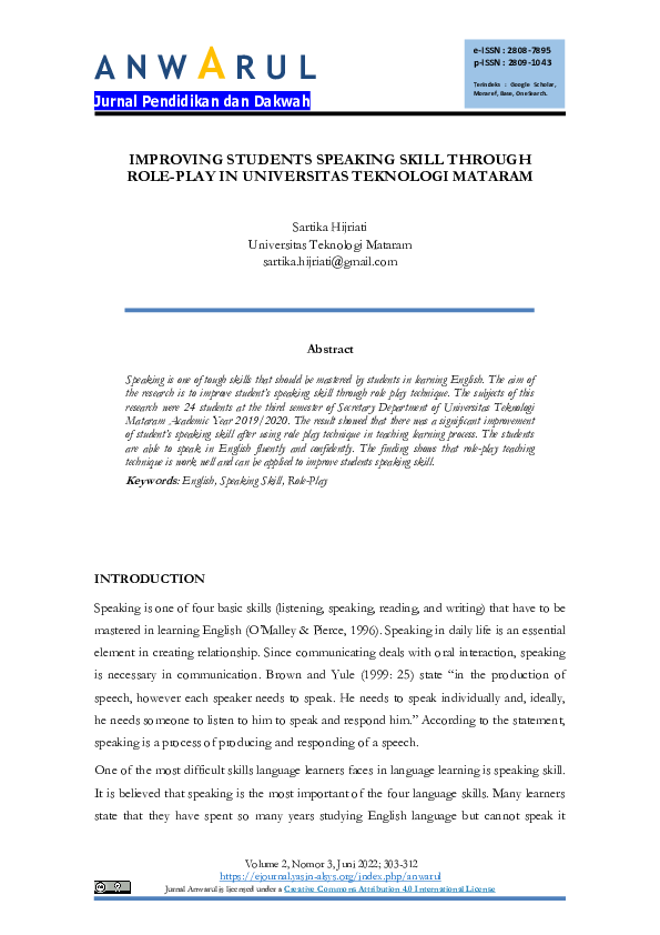 (PDF) Improving Students Speaking Skill Through Role-Play in Universitas Teknologi Mataram
