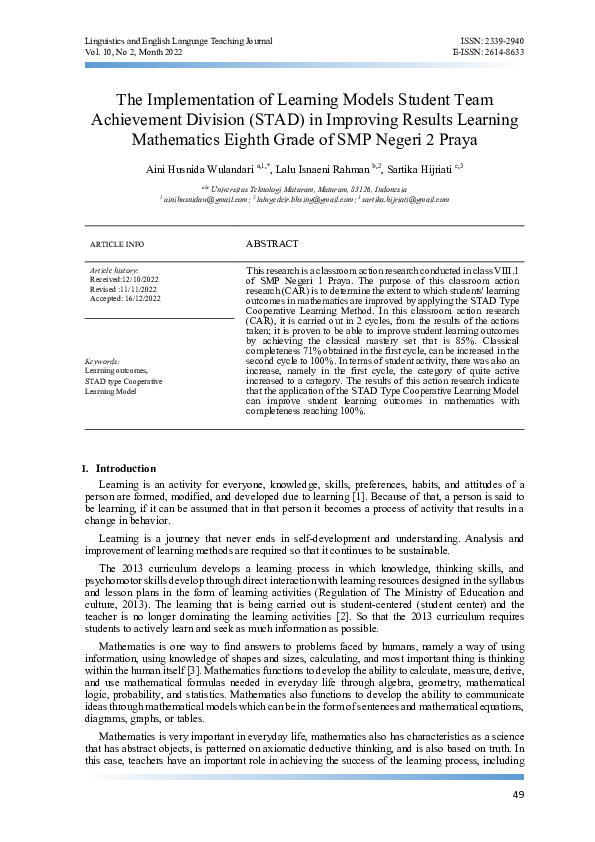 (PDF) The Implementation of Learning Models Student Team Achievement ...