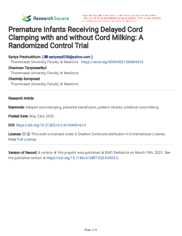 (PDF) Premature Infants Receiving Delayed Cord Clamping with and ...
