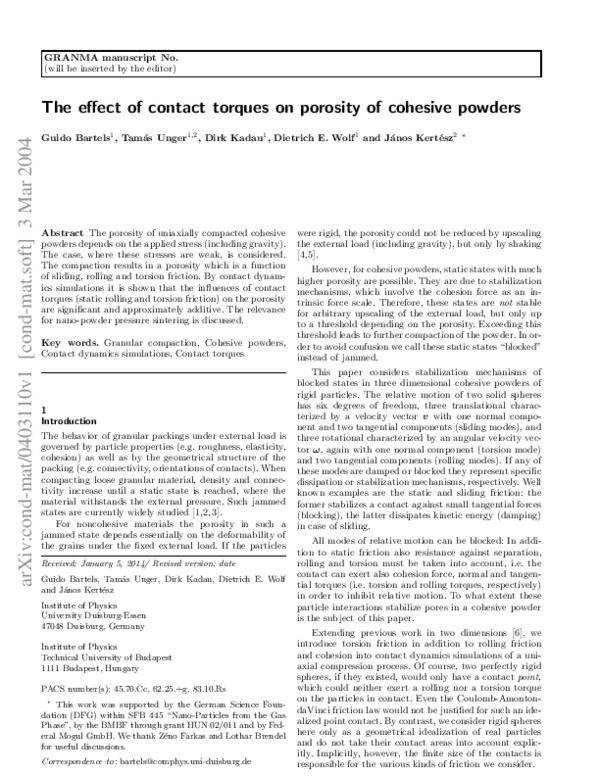(PDF) The effect of contact torques on porosity of cohesive powders ...