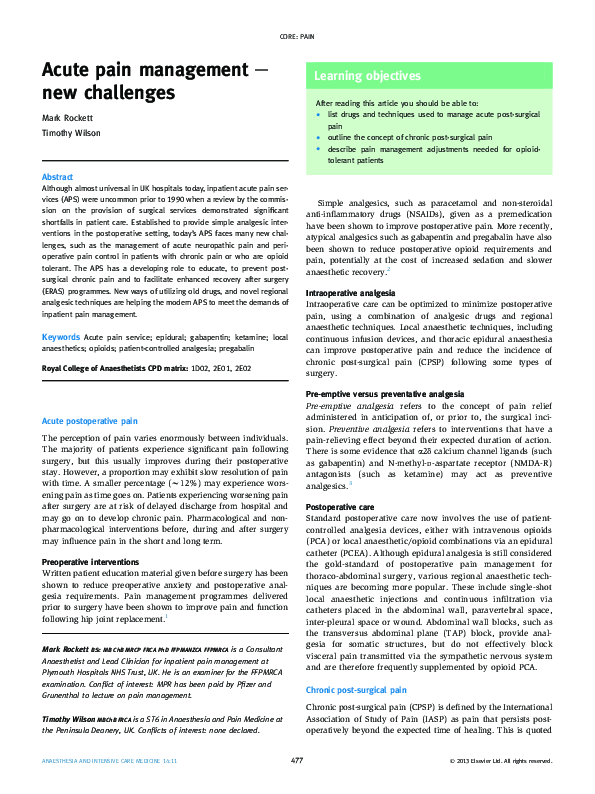 (PDF) Acute pain management – new challenges