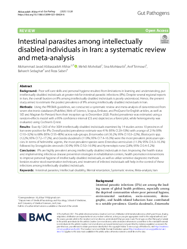 (PDF) Intestinal parasites among intellectually disabled individuals in ...