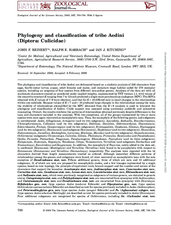 (PDF) Phylogeny and classification of tribe Aedini (Diptera: Culicidae)