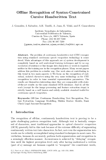 Pdf Offline Recognition Of Syntax Constrained Cursive Handwritten Text Alejandro Toselli
