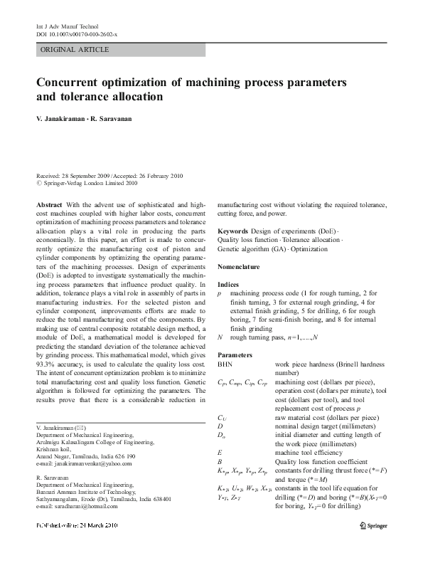 Pdf Concurrent Optimization Of Machining Process Parameters And Tolerance Allocation 3341