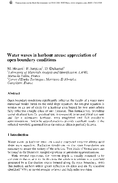 (PDF) Water Waves in Harbor Areas: Appreciation of Open Boundary Conditions | francois ropert ...