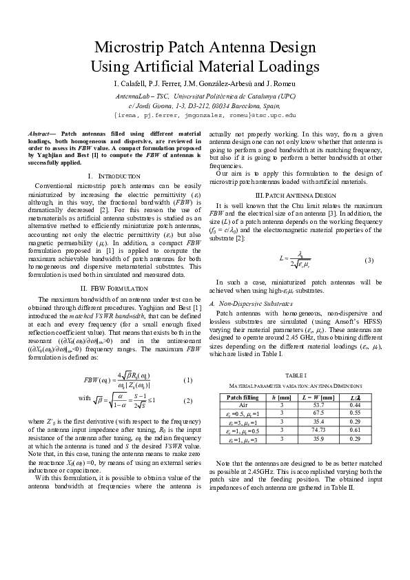 (PDF) Microstrip patch antenna design using artificial material loadings