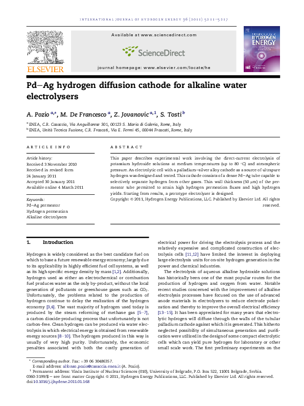 (PDF) Pd–Ag hydrogen diffusion cathode for alkaline water electrolysers