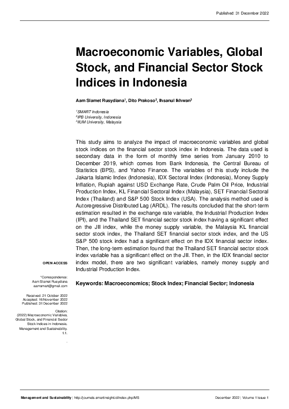 Pdf Macroeconomic Variables Global Stock And Financial Sector Stock Indices In Indonesia