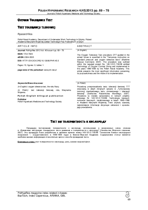 (PDF) Oxygen Tolerance Test | Ryszard Klos - Academia.edu