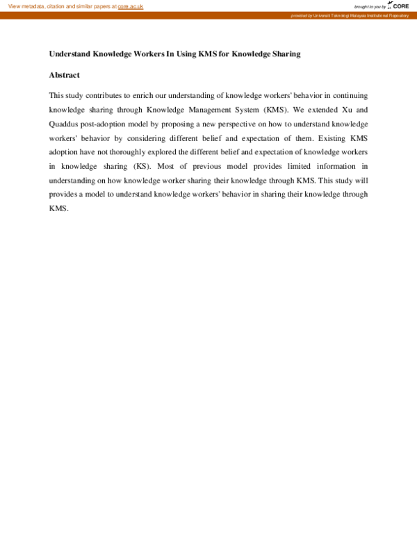 (PDF) Understand Knowledge Workers in Using KMS for Knowledge Sharing