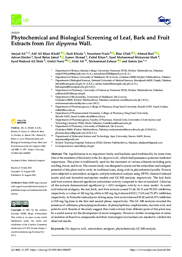 (PDF) Phytochemical and Biological Screening of Ilex dipyrena Extracts