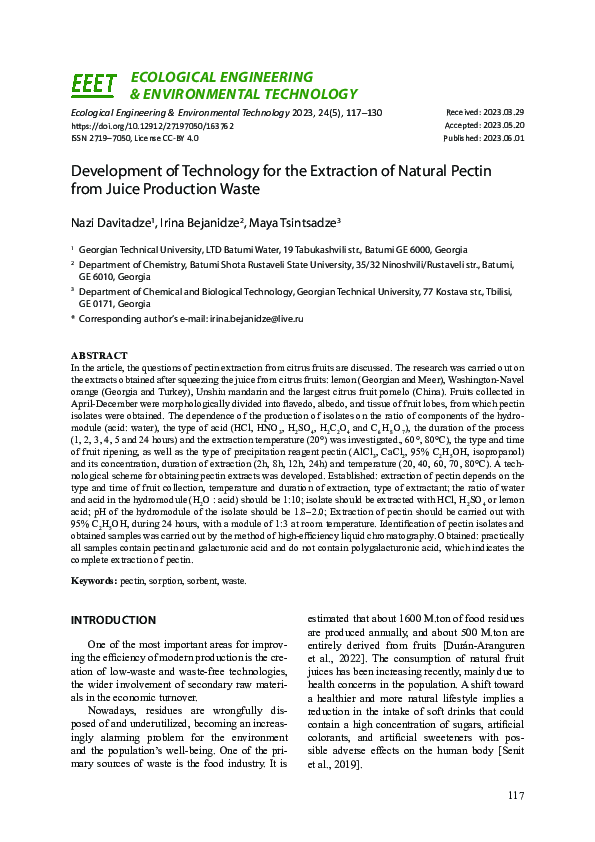 (PDF) Development of Technology for the Extraction of Natural Pectin from Juice Production Waste