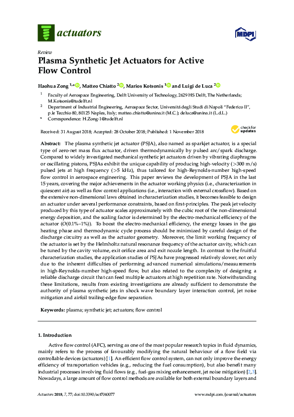 (PDF) Plasma Synthetic Jet Actuators for Active Flow Control