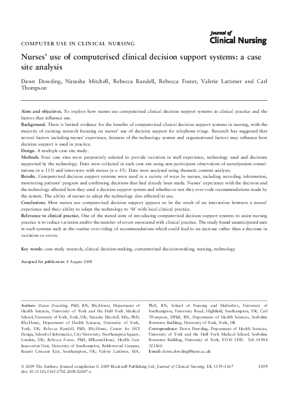 (PDF) Nurses’ use of computerised clinical decision support systems: a case site analysis
