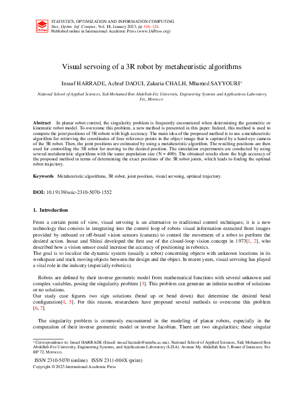 (PDF) Visual Servoing of a 3R Robot by Metaheuristic Algorithms