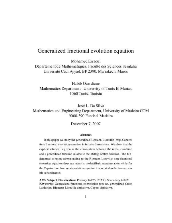 Pdf Generalized Fractional Evolution Equation Mohamed Erraoui