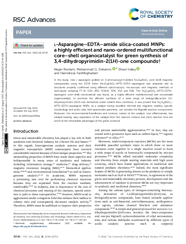 (PDF) l-Asparagine–EDTA–amide silica-coated MNPs: a highly efficient ...