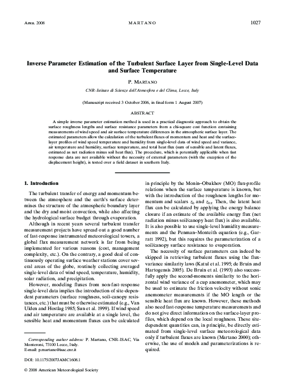 Pdf Inverse Parameter Estimation Of The Turbulent Surface Layer From