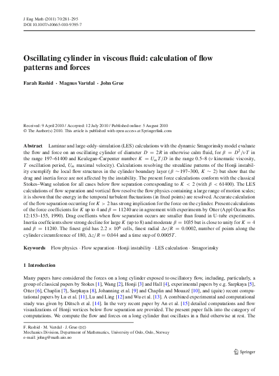 (PDF) Oscillating cylinder in viscous fluid: calculation of flow ...