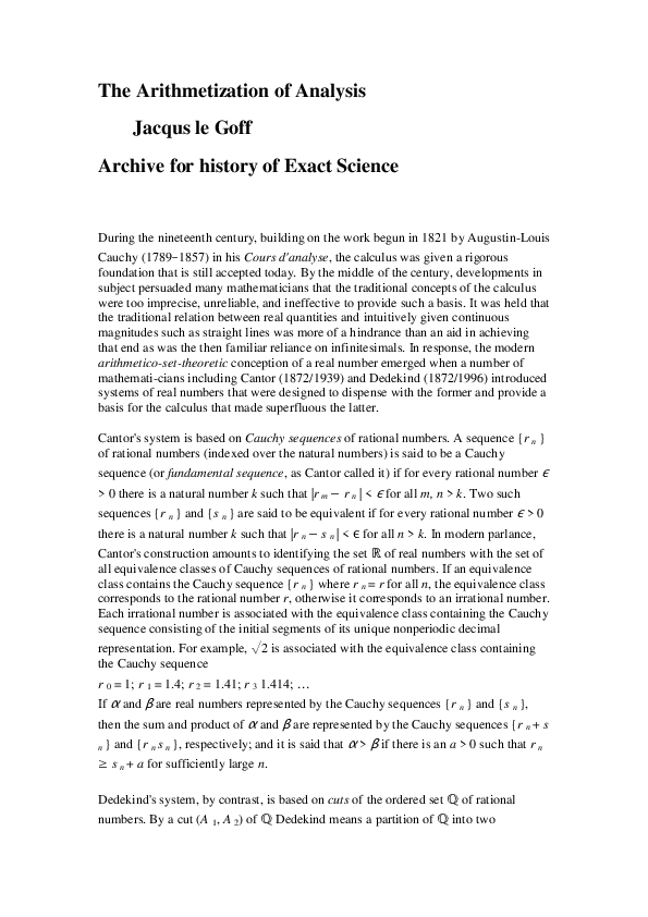 (PDF) The Arithmetization of Analysis