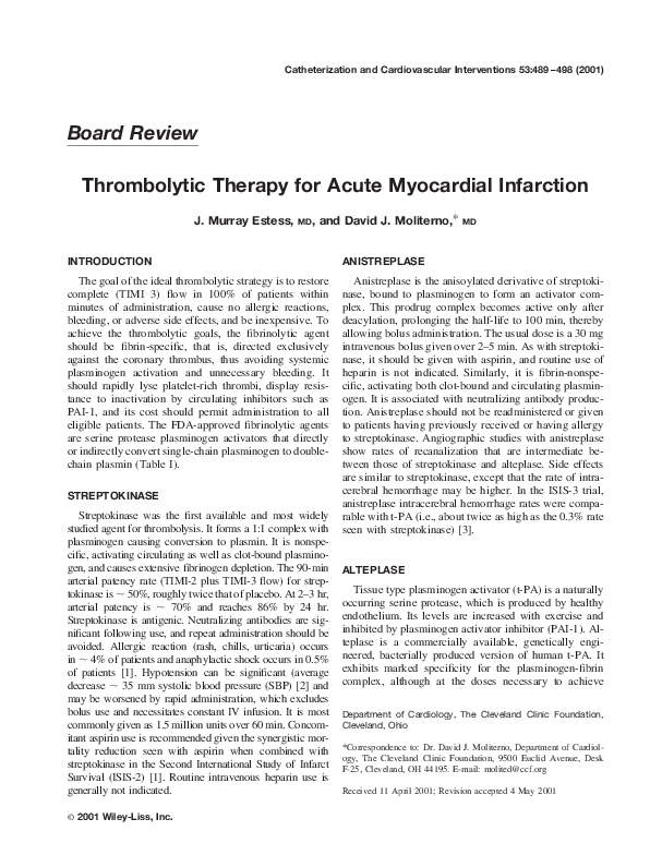 (PDF) Thrombolytic Therapy for Acute Myocardial Infarction: Insight ...