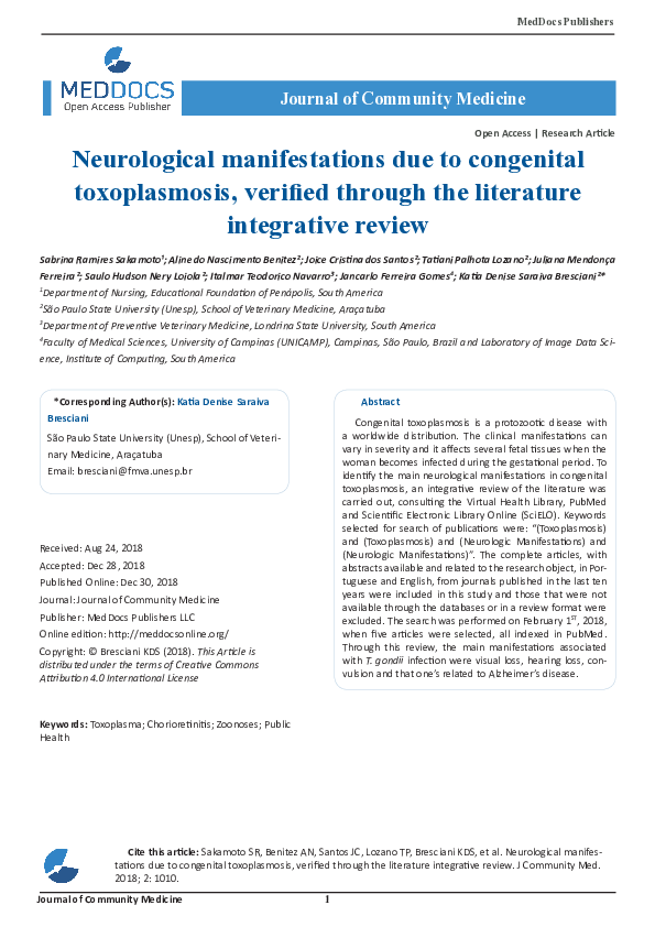 (PDF) Neurological manifestations due to congenital toxoplasmosis ...