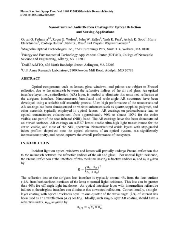 (PDF) Nanostructured Antireflection Coatings for Optical Detection and Sensing Applications