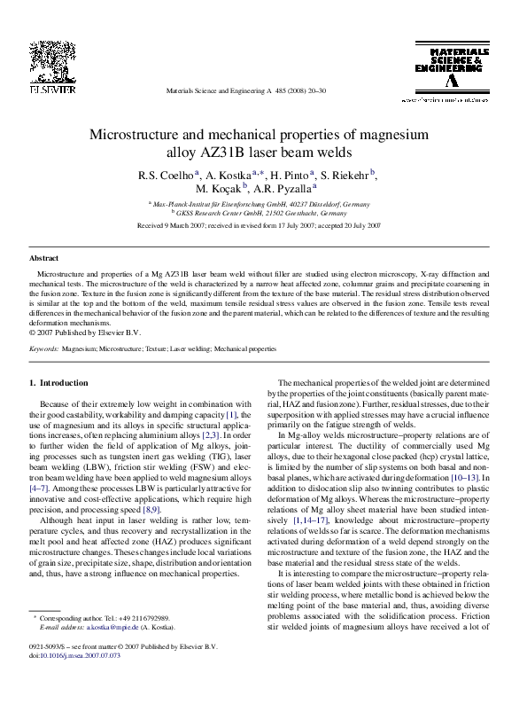 (PDF) Microstructure and mechanical properties of magnesium alloy AZ31B laser beam welds