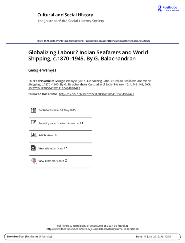 (PDF) Globalizing Labour? Indian Seafarers and World Shipping, c. 1879 ...