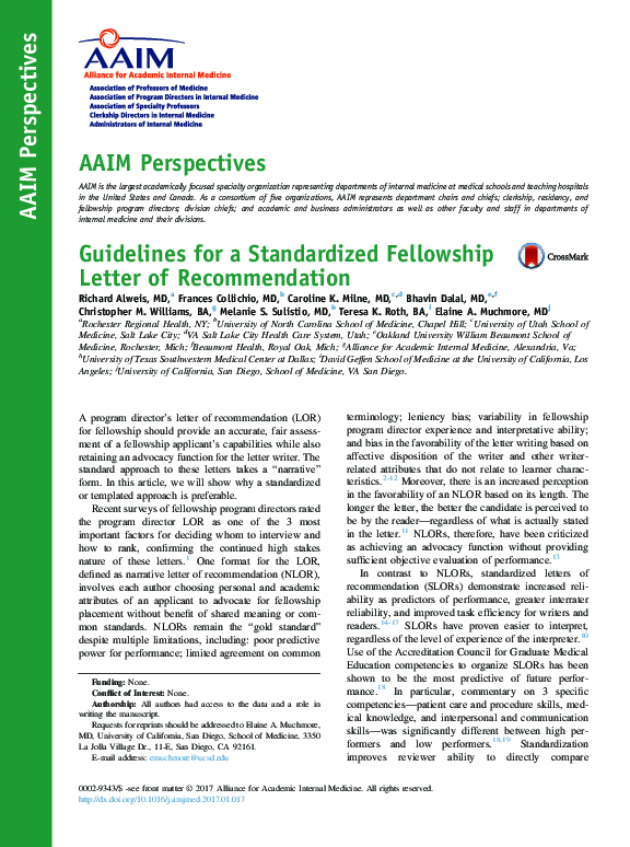 (PDF) Guidelines for a Standardized Fellowship Letter of Recommendation