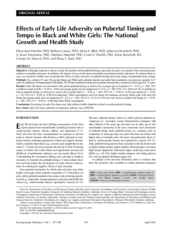 (PDF) Effects of Early Life Adversity on Pubertal Timing and Tempo in ...