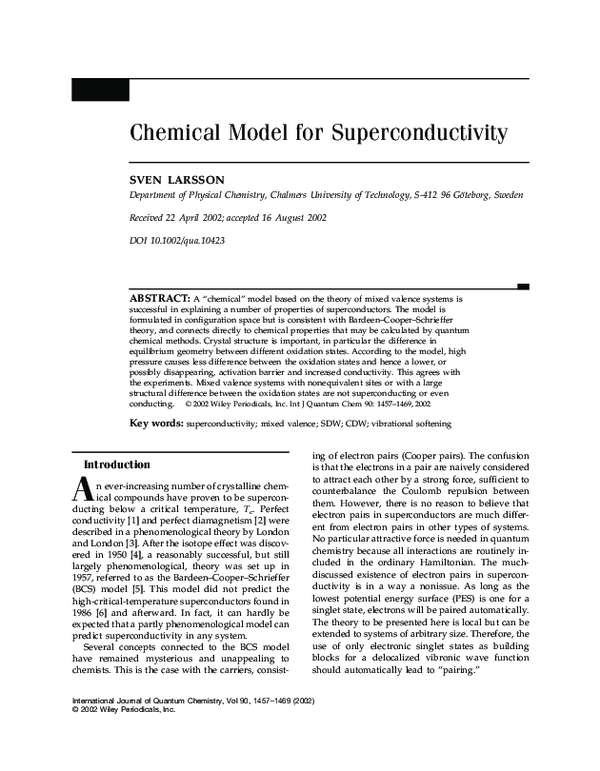 Pdf Chemical Model For Superconductivity