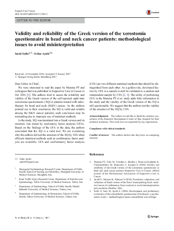(PDF) Validity and reliability of the Greek version of the xerostomia questionnaire in head and ...